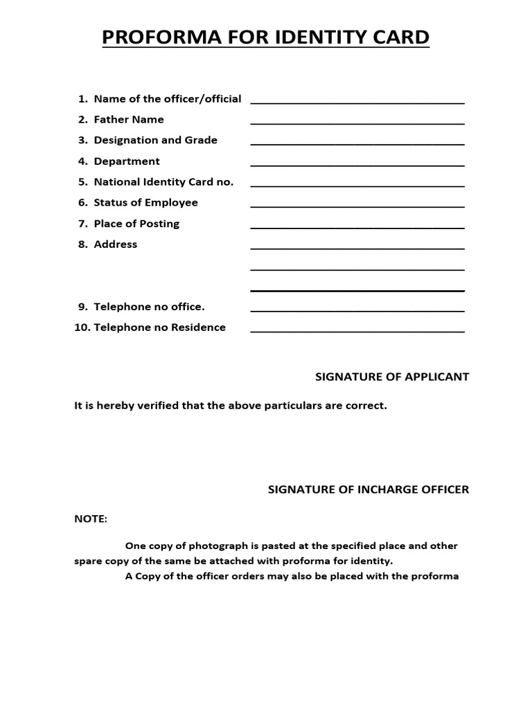Identity Card Proforma Template | PDF | Finance & Money Management | Law