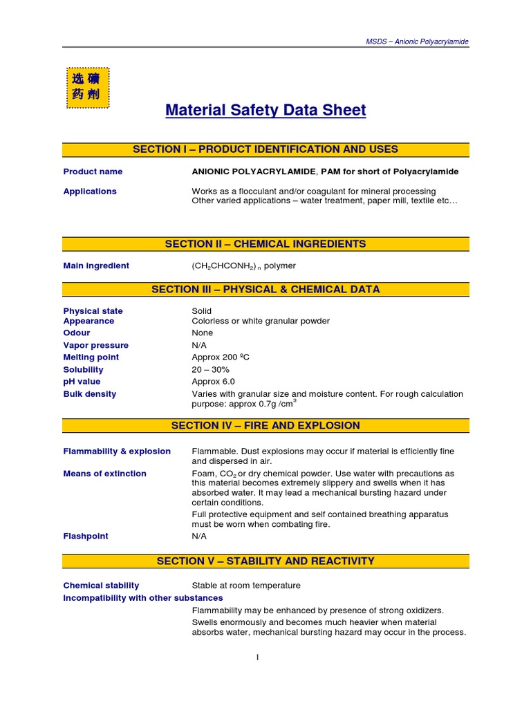 MSDS - Anionic Polyacrylamide - 2 PDF | PDF | Dust | Water