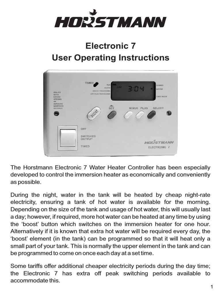Electronic 7 User Operating Instructions PDF Water Heating Switch