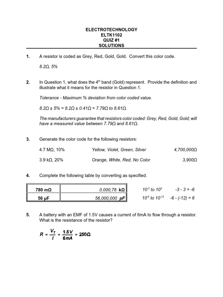 Electrotechnology ELTK1102 Quiz #1 Solutions 1 | PDF | Resistor ...