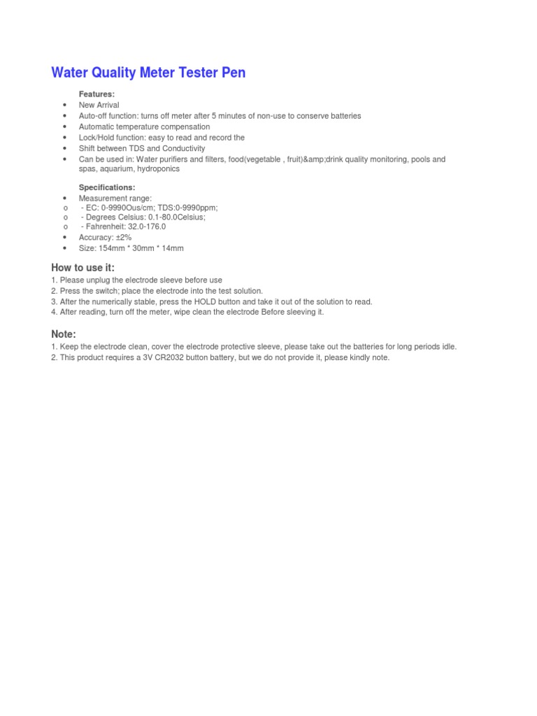 Water Quality Meter Tester Pen | PDF