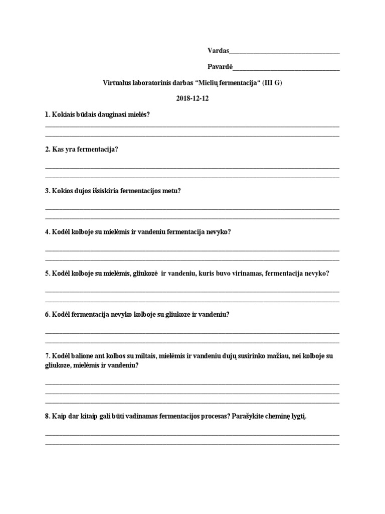 Virtualus Laboratorinis Darbas "Mielių Fermentacija" | PDF