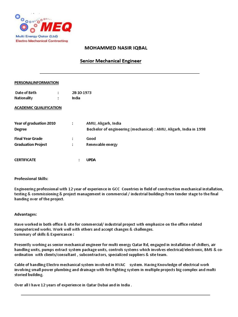 Mohammed Nasir Iqbal Senior Mechanical Engineer: Personalinformation ...