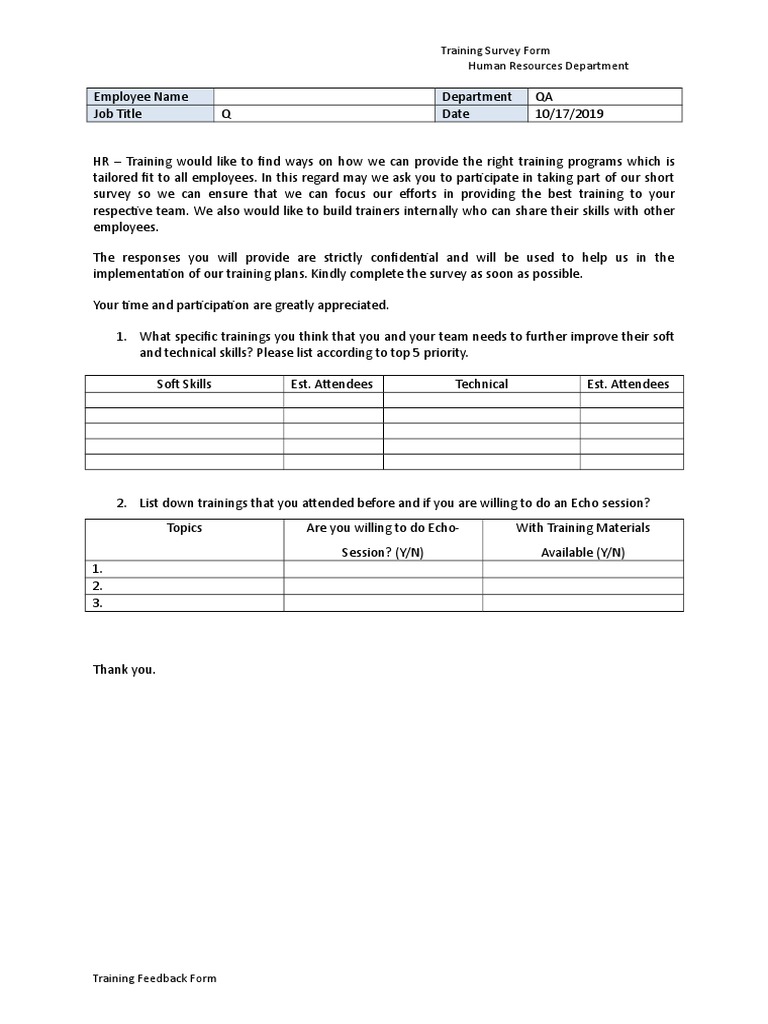 Training Survey Form Human Resources Department | PDF