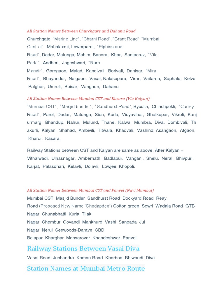 Railway Stations Between Vasai Diva Station Names at Mumbai Metro Route ...