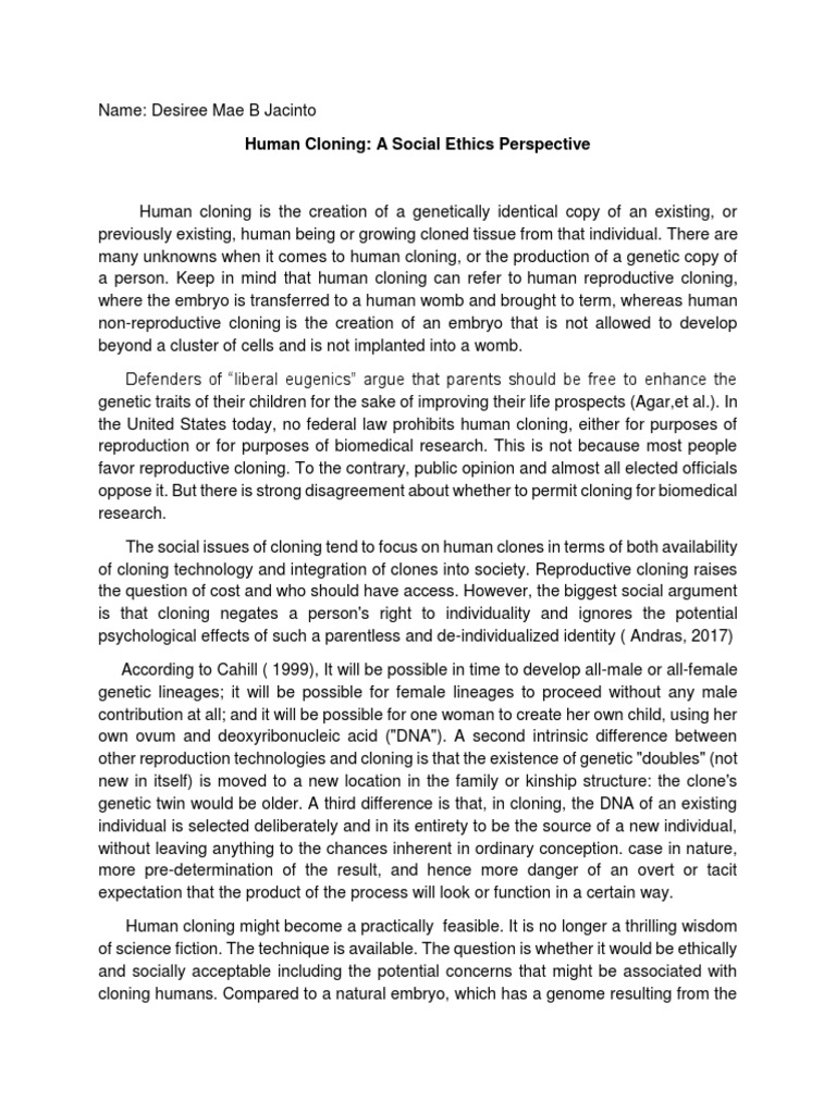 Human Cloning: A Social Ethics Perspective | PDF | Cloning | Embryo