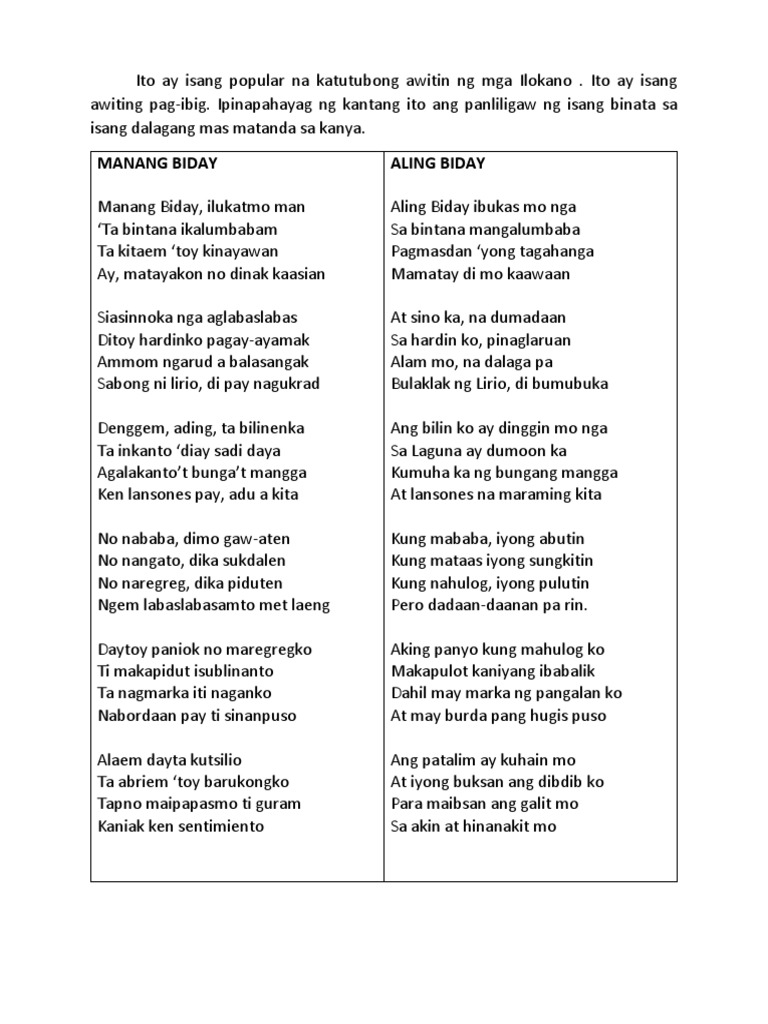 Manang Biday Ilocano Folk Song | PDF