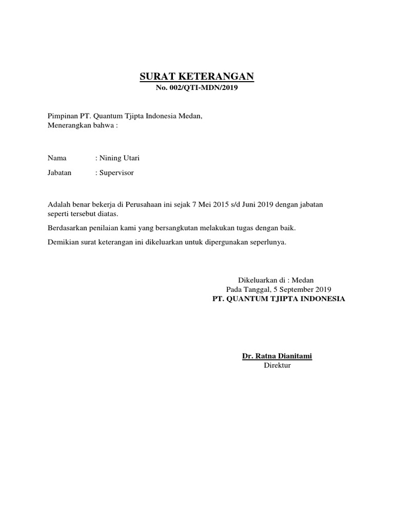 Contoh Surat Keterangan Kerja | PDF