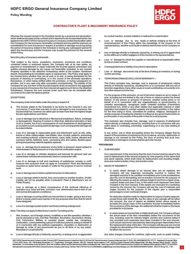 HDFC ERGO General Insurance Company Limited: Contractor'S Plant & Machinery Insurance Policy ...