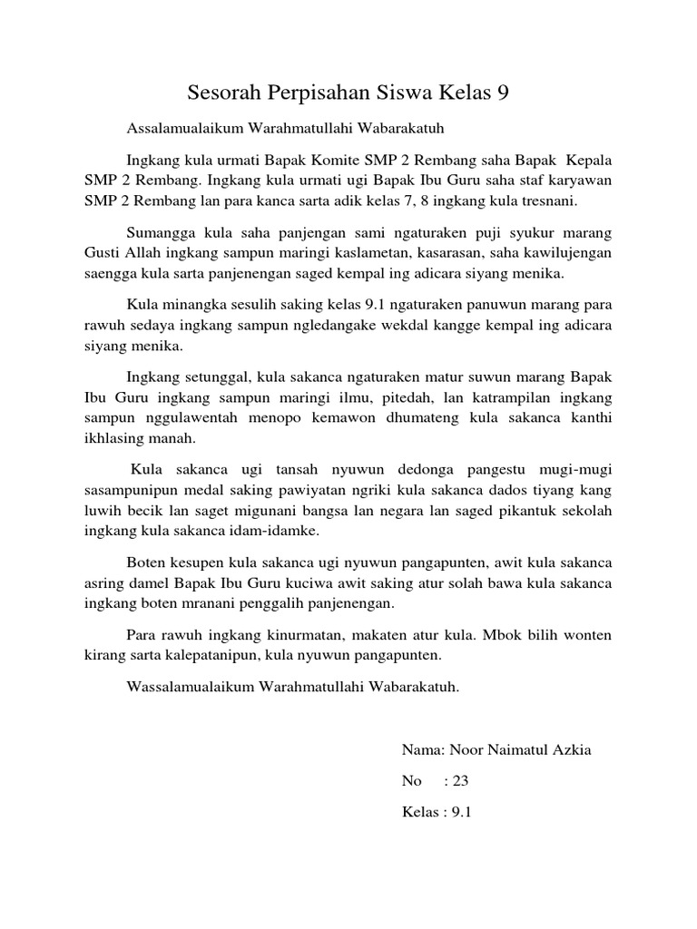 Sesorah Perpisahan Siswa Kelas 9 | PDF