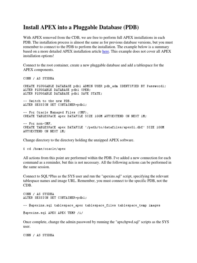 Install APEX Into A Pluggable Database | PDF
