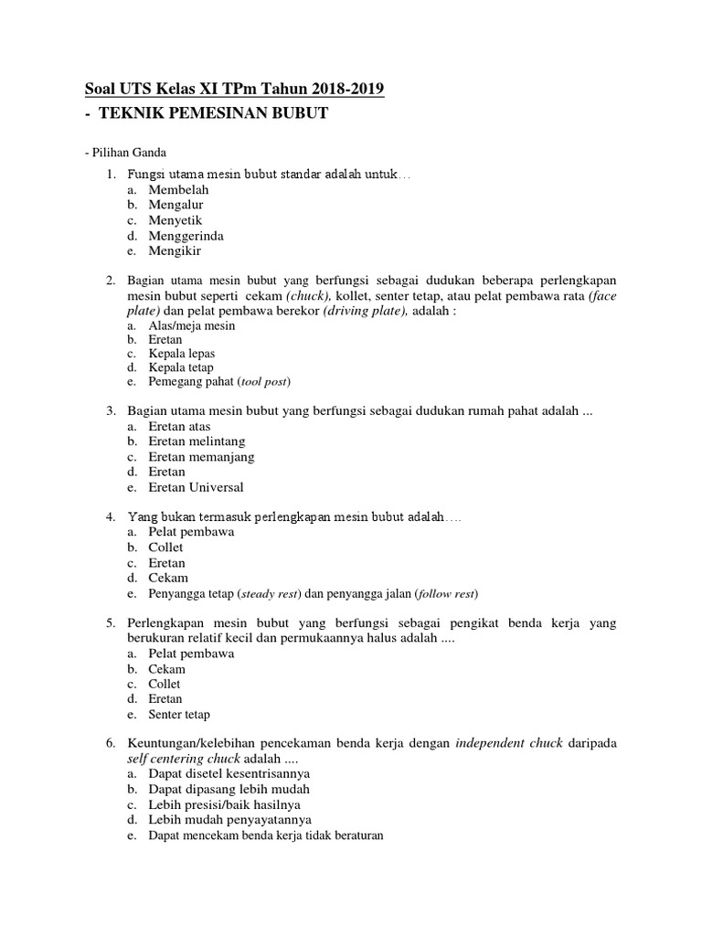 Soal UTS Teknik Pemesinan Bubut - XI TPM 2018-2019 | PDF