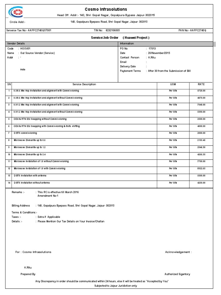 Cosmo Infrasolutions: Service/Job Order (Huawei Project) | PDF | Business
