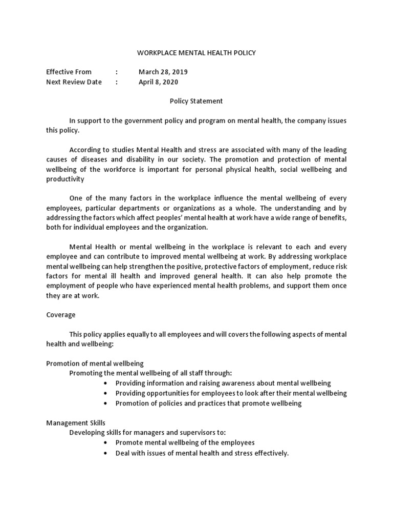 Workplace Mental Health Policy | PDF | Mental Health | Employment