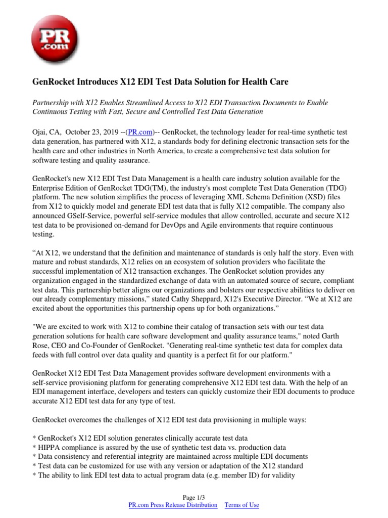 GenRocket Introduces X12 EDI Test Data Solution For Health Care | PDF ...