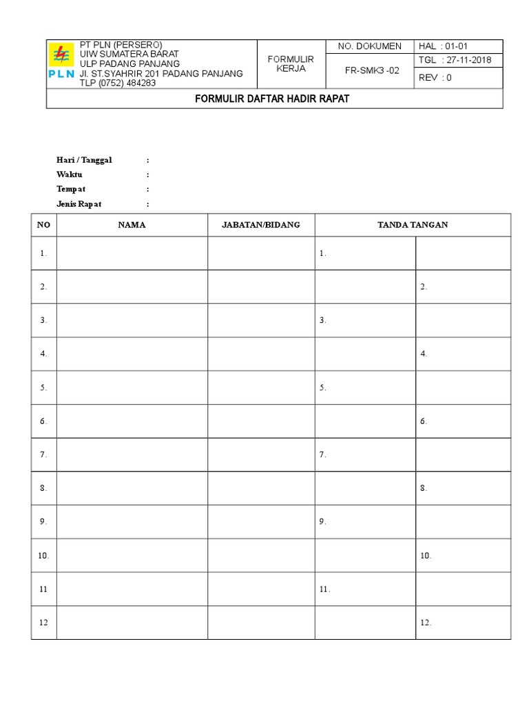 FR-SMK3-02 Formulir Daftar Hadir Rapat | PDF