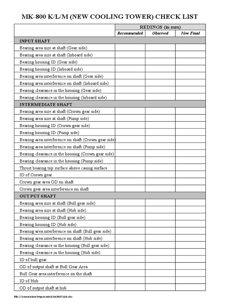 Mk-800 K/L/M (New Cooling Tower) Check List: Input Shaft | PDF