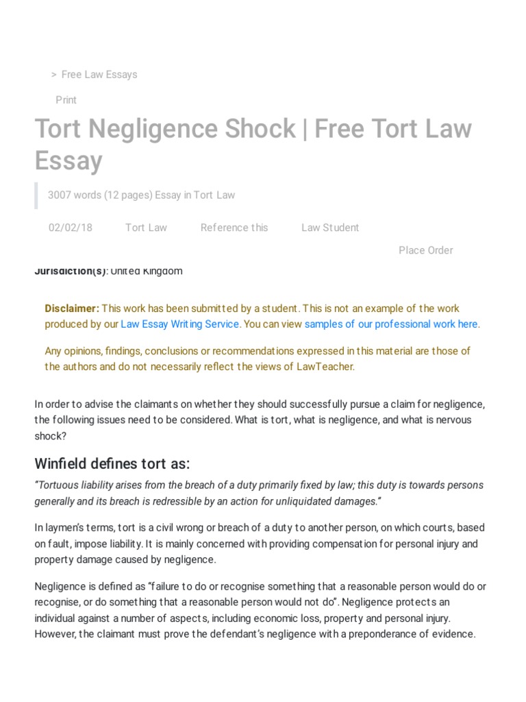 Tort Negligence Shock - Free Tort Law Essay | PDF | Negligence | Tort