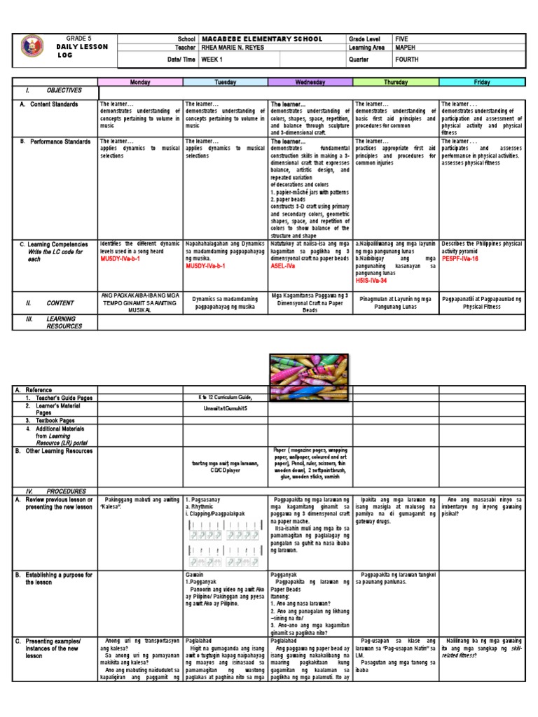 4th Quarter DLL Mapeh | PDF | Differentiated Instruction