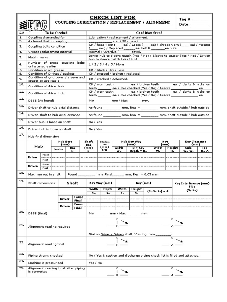 Coupling Inspection Checklist | PDF | Machines | Manufactured Goods