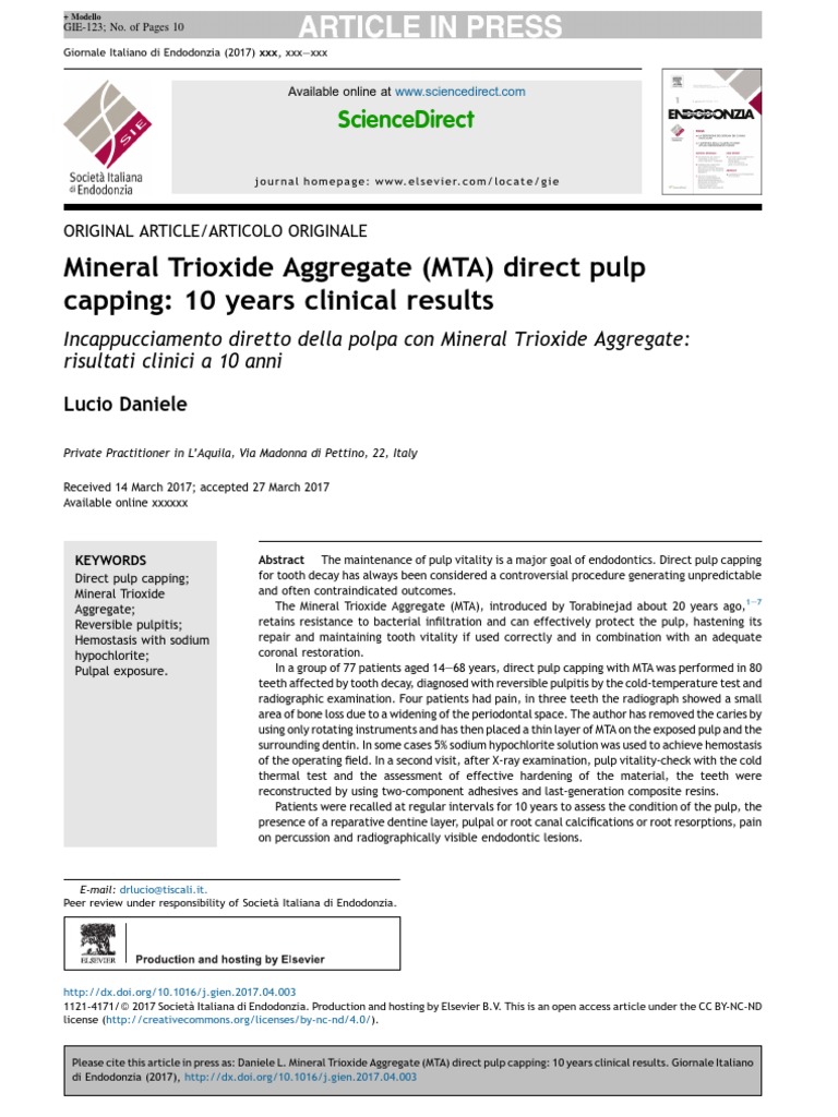 Mineral Trioxide Aggregate (MTA) Direct Pulp Capping: 10 Years Clinical ...