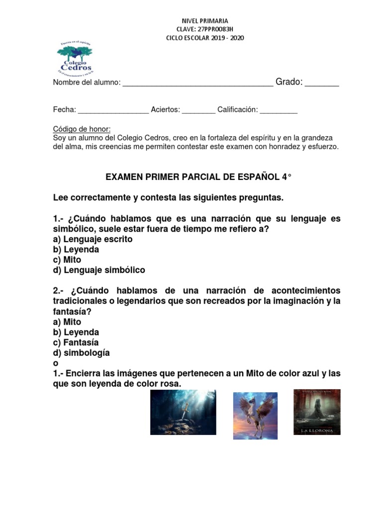 Examen Parcial de Español 4° Grado | PDF | Leyendas