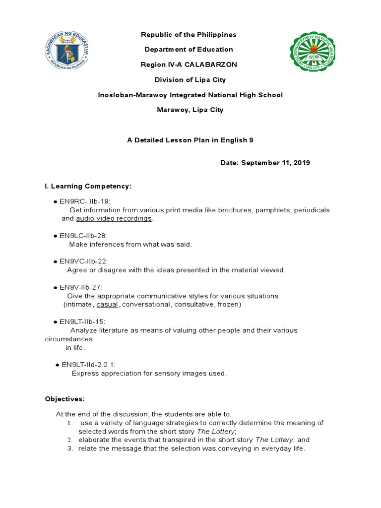 The Lottery Detailed Lesson Plan 2 | PDF | Senses | Psychological Concepts