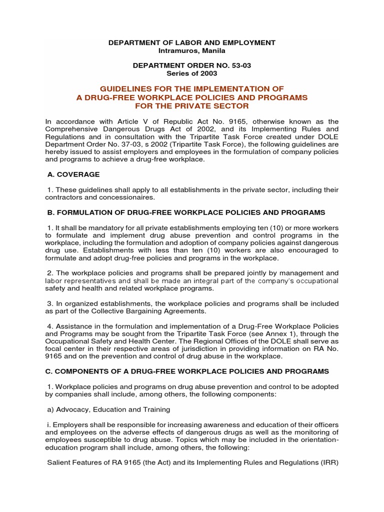 Guidelines For The Implementation of A Drug-Free Workplace Policies and ...