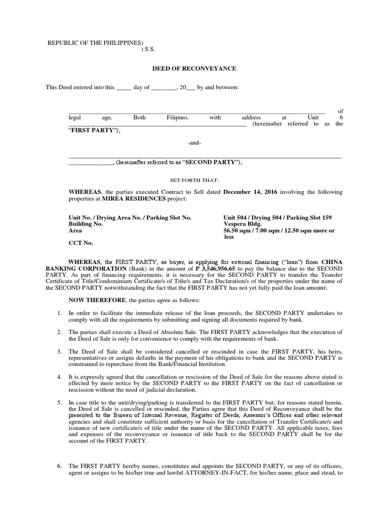 Deed of Reconveyance | PDF | Deed | Conveyancing
