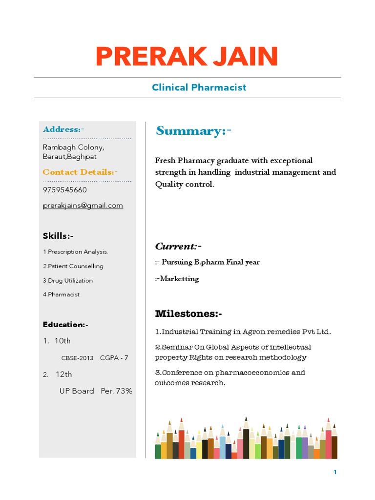 A Comprehensive Resume for Prerak Jain Highlighting His Clinical Pharmacist Skills and ...