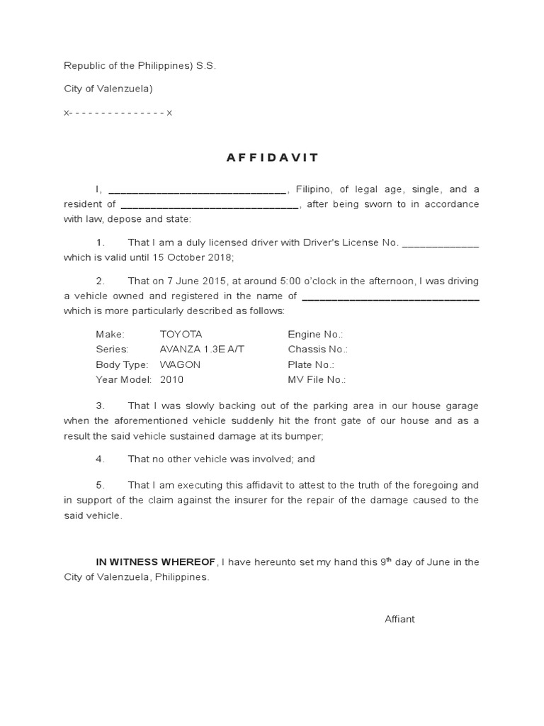 Affidavit for Car Insurance Claim | PDF | Business | Finance & Money ...
