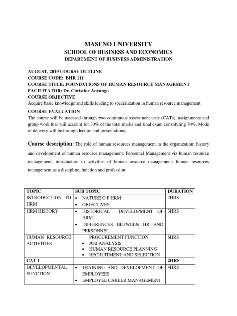 BHR 111-Course Outline | PDF | Human Resource Management | Human Resources