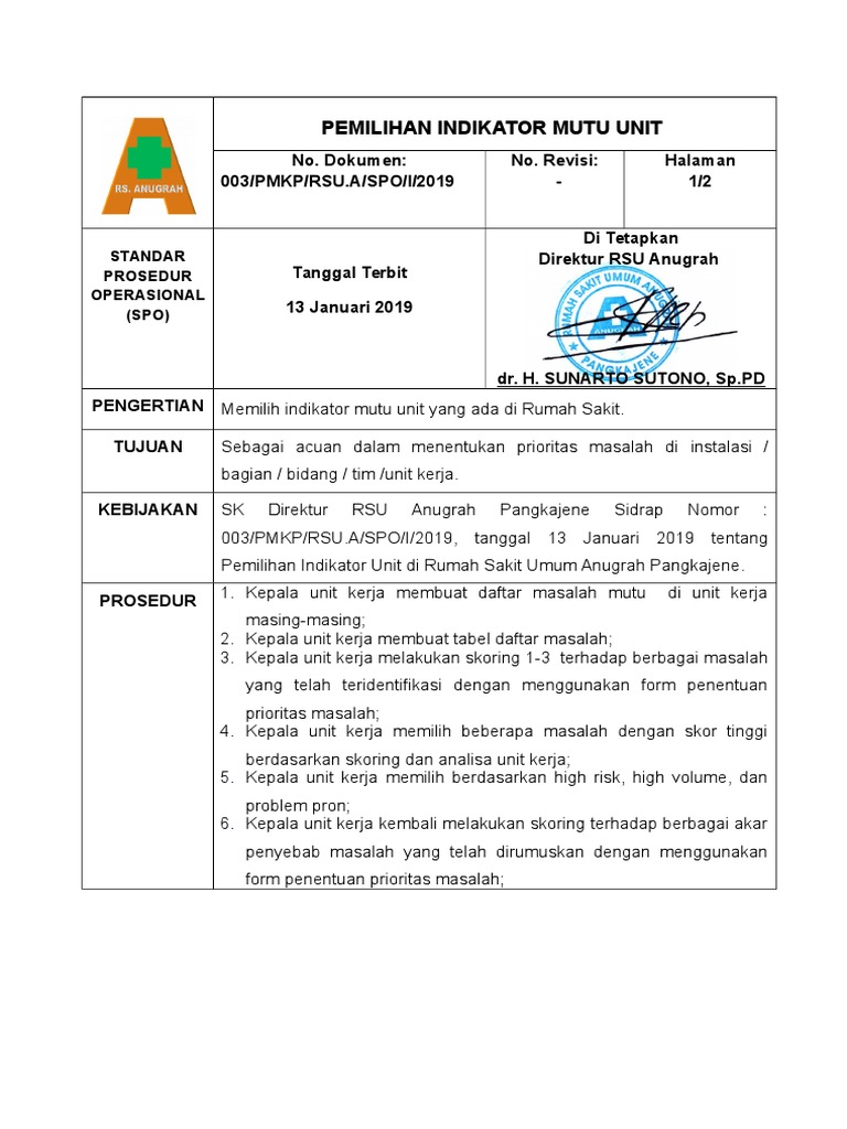 Ep.1 Spo Pemilihan Indikator Mutu Unit | PDF