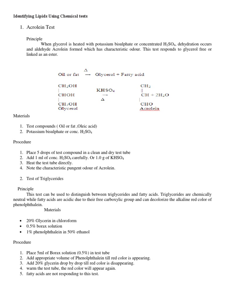 Acrolein Test: Identifying Lipids Using Chemical Tests | PDF | Fatty ...