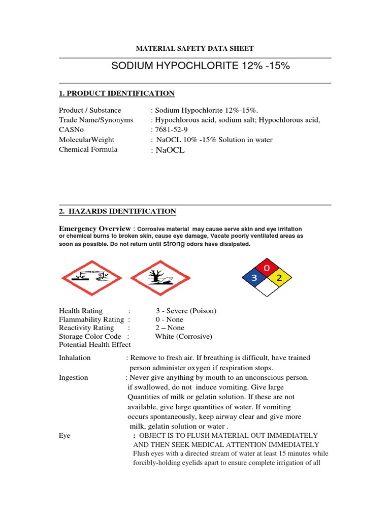 MSDS Chemtech Sodium Hypochlorite 12 15% | PDF | Water | Toxicity