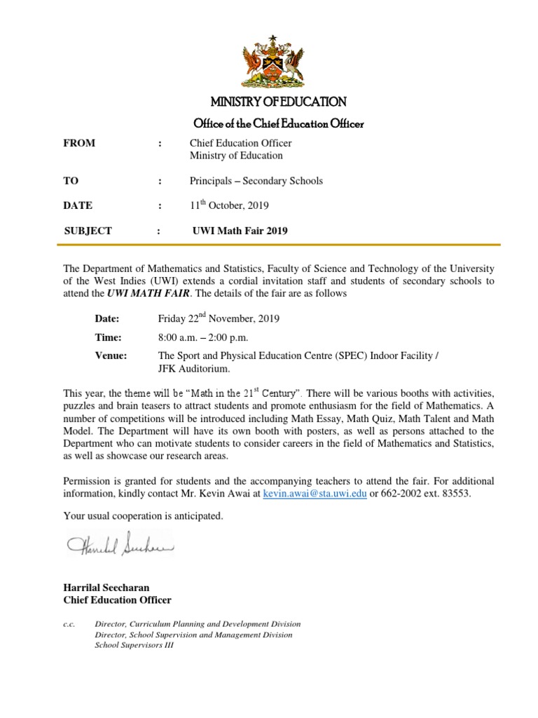 Memo - UWI Math Fair 2019 | PDF | Science & Mathematics