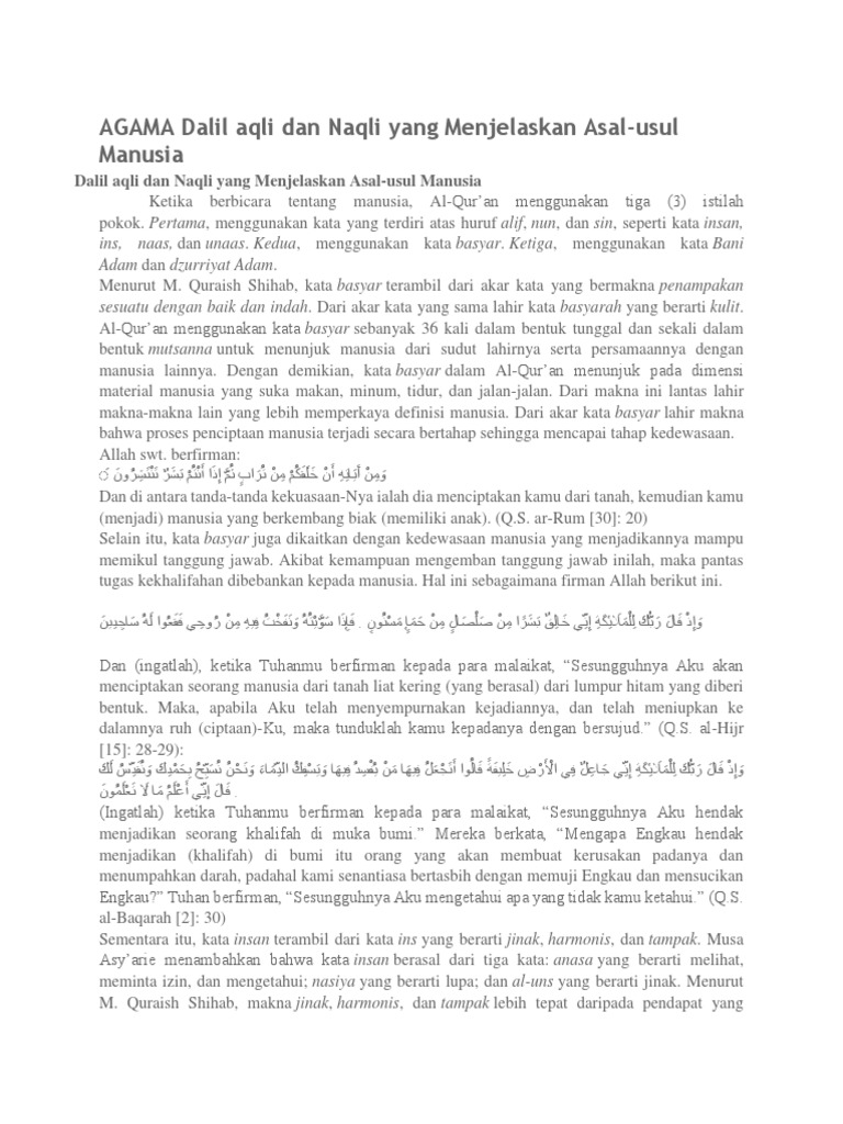 AGAMA Dalil Aqli Dan Naqli Yang Menjelaskan Asal | PDF