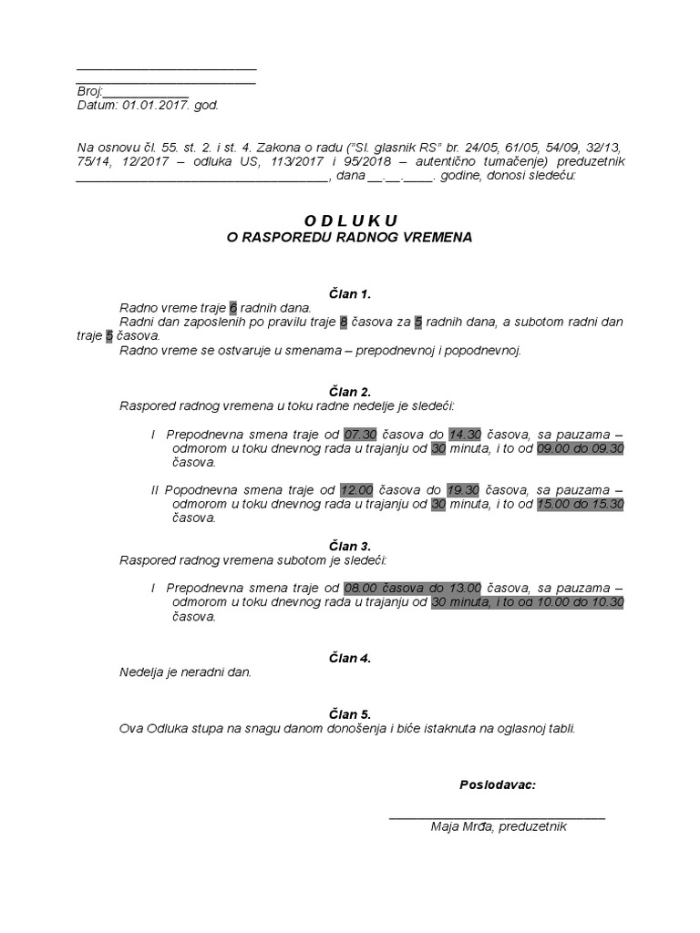 Odluku: O Rasporedu Radnog Vremena | PDF