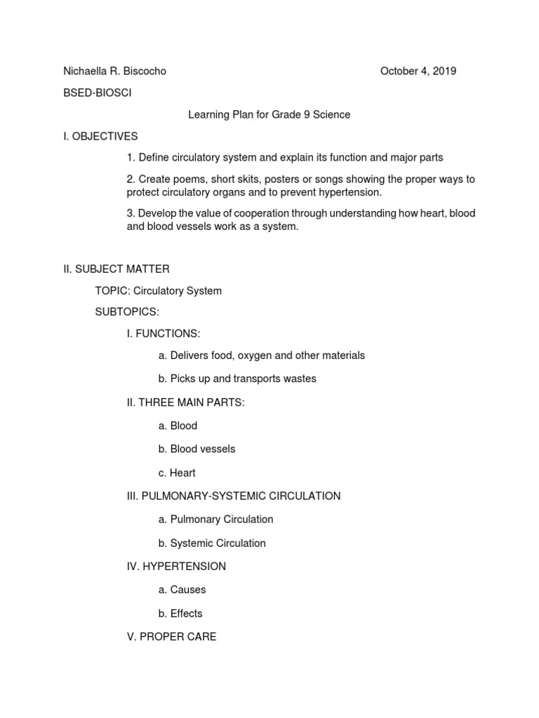 Grade-9 Lesson Plan | PDF | Blood | Blood Vessel