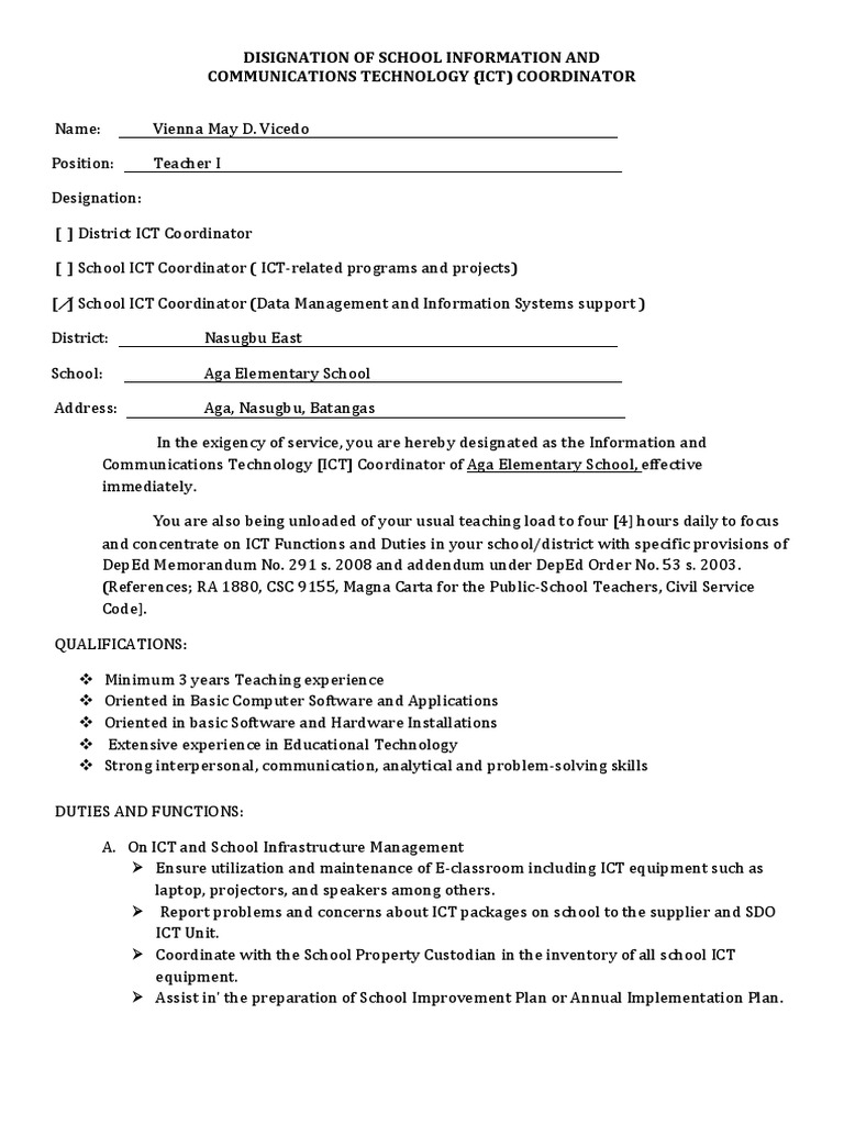 Ict Designation Form | PDF | Educational Technology | Information And ...