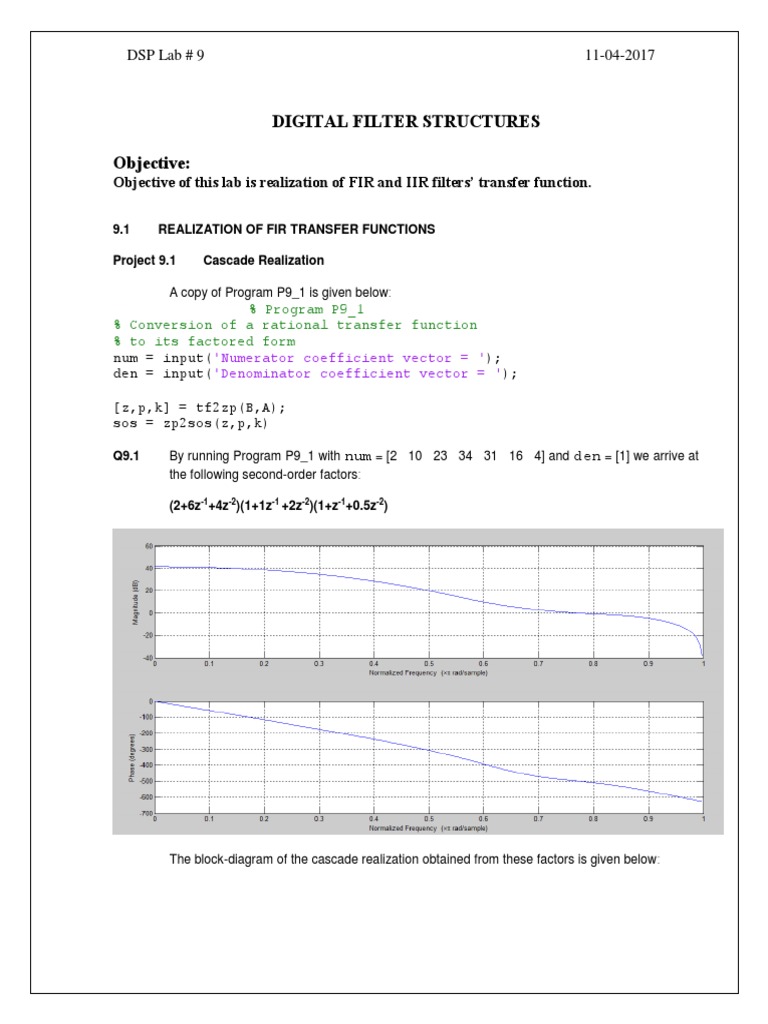 Digital Filter Structures Objective:: Objective of This Lab Is ...