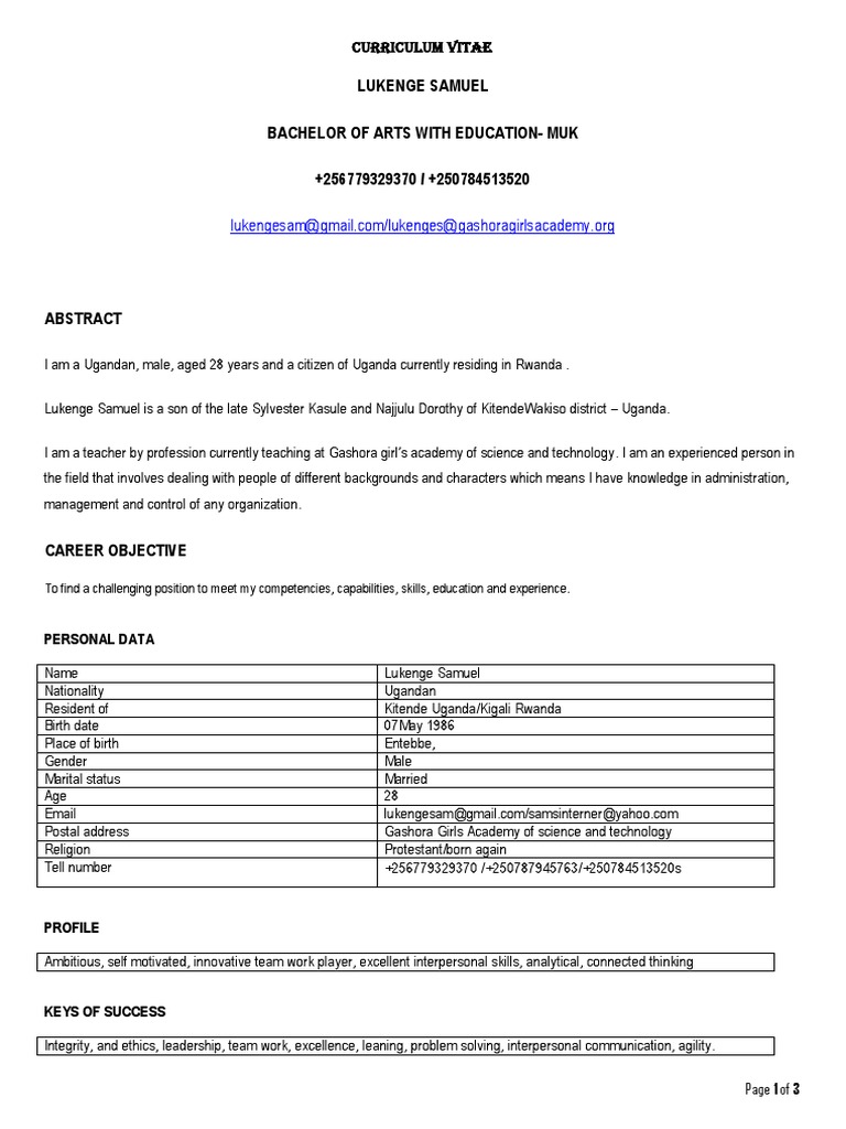 Curriculum Vitae Dannn | Download Free PDF | Uganda | Teachers