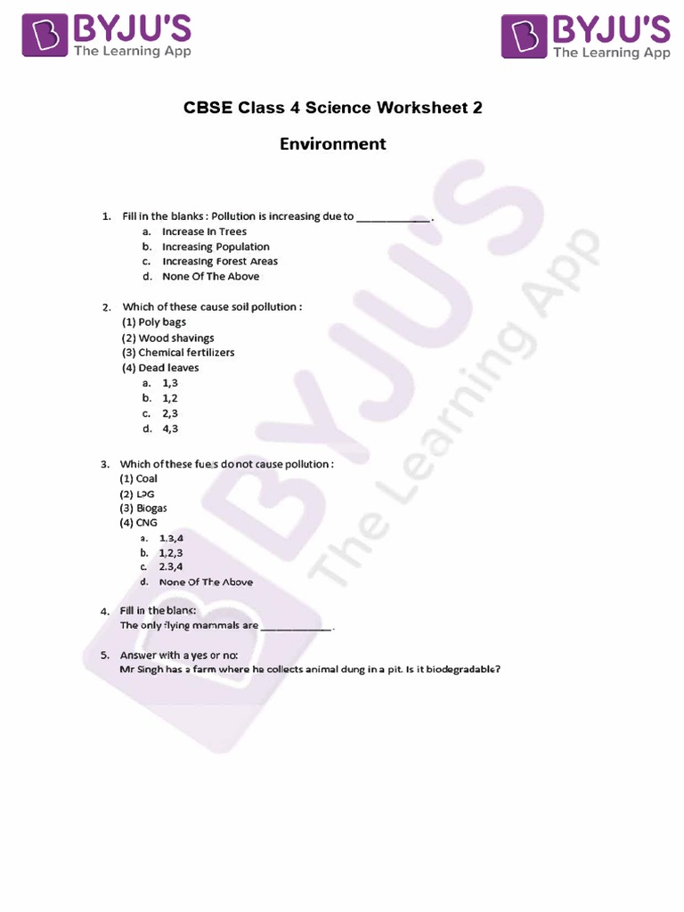 Class 4 Science Worksheet on Environment | PDF