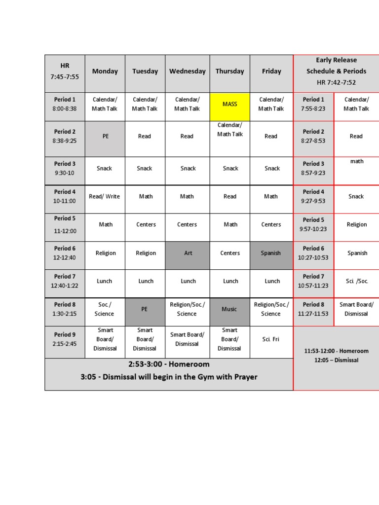 Sample Elementary School Weekly Class Schedule and Periods with Early ...