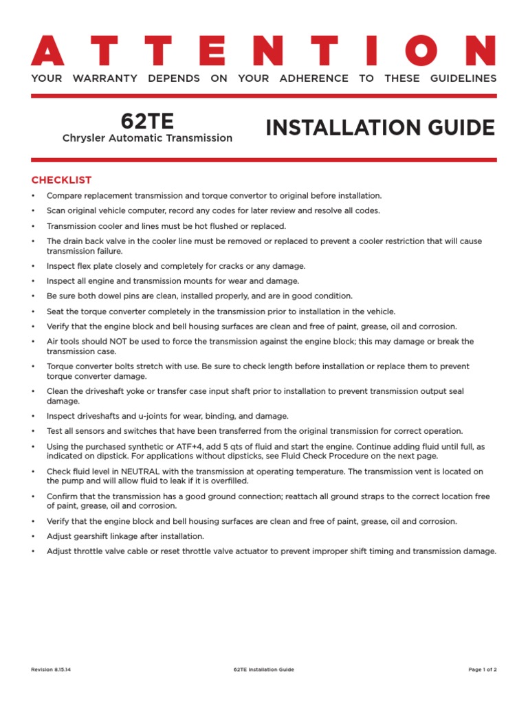 Attention: 62TE Installation Guide | PDF | Transmission (Mechanics ...