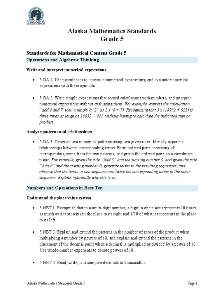 Alaska Mathematics Standards Grade 5 | PDF | Fraction (Mathematics ...