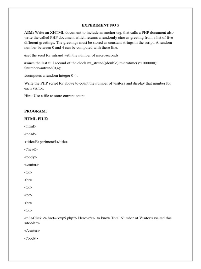 Experiment No 5 AIM: Write An XHTML Document To Include An Anchor Tag, That Calls A PHP Document ...