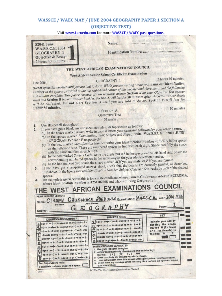 WASSCE WAEC May June 2004 Geography Paper 1 Section A Objective | PDF