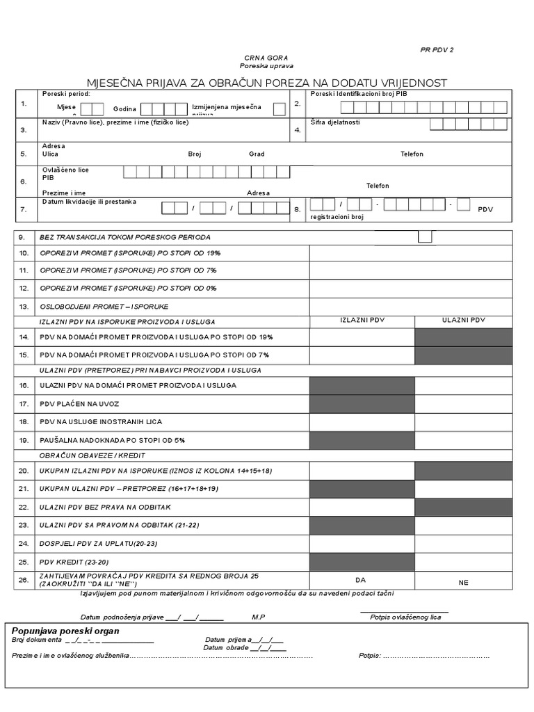 Mjesečna Prijava Za Obračun Poreza Na Dodatu Vrijednost: Uputstvo Za ...