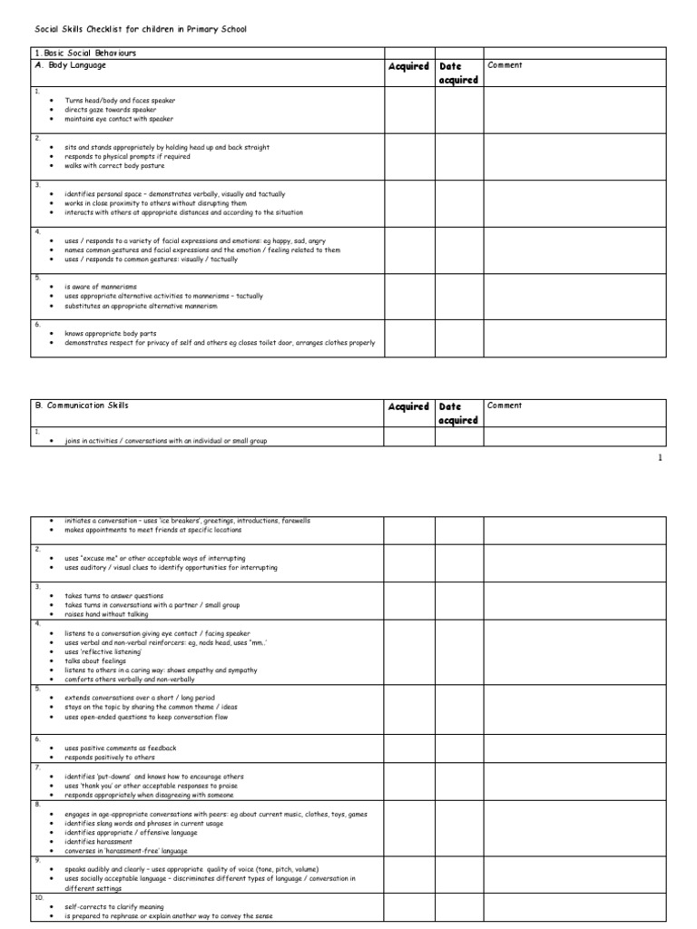 Social Skills Checklist For Primary Age Children | PDF | Conversation ...